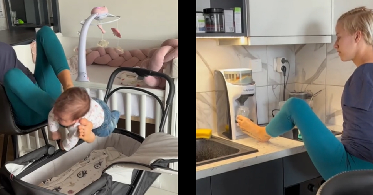 Skifter ble og giver mad med fødderne_ Nybagt mor har ingen arme